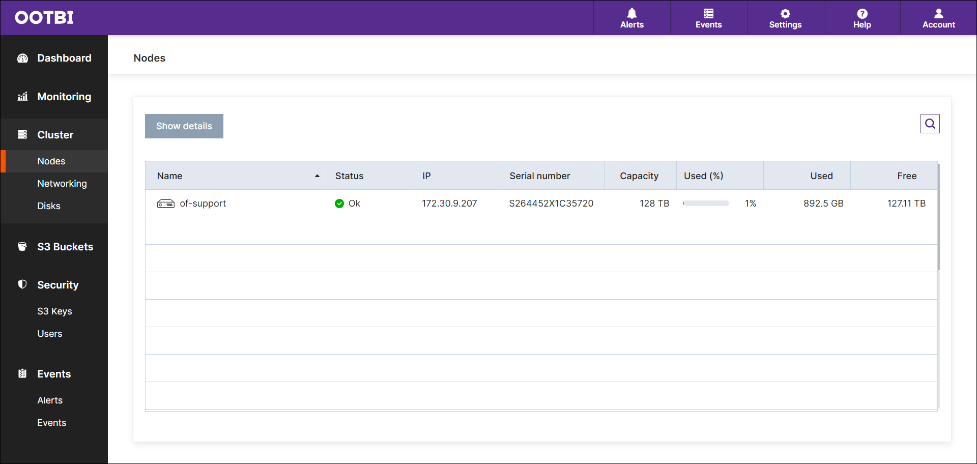 Log in to Ootbi WebUI and go to the Cluster menu to Nodes view. A ...